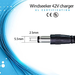 42V 2A Battery Charger Power Adapter, Windseeker Charger PowerFast Inline Connector for 36V/10S Electric Bike and Electric Skateboard Lithium Li-ion Battery