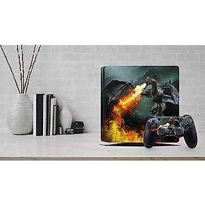 ZOOMHITSKINS PS4 Slim Skins, Animal Prehistoric Dragon Fire Flames Medieval Classic Vintage, Durable, Bubble-Free Goo-Free,Cover Set of 2 Controller Skins 1 Console Skin, Made in USA