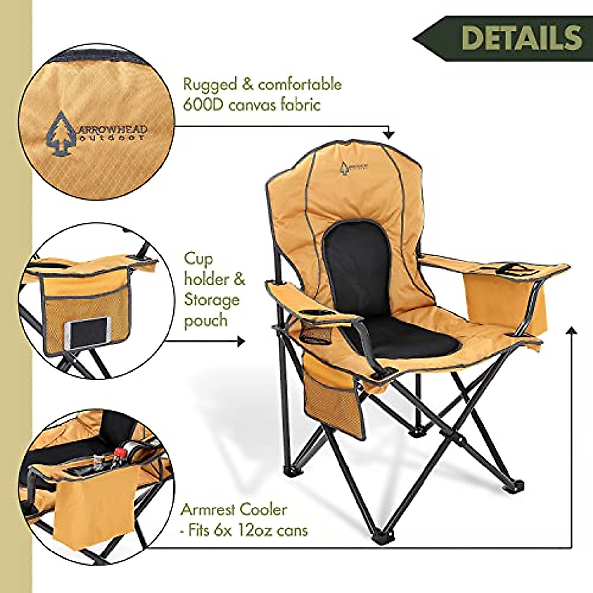 ARROWHEAD OUTDOOR Portable Folding Camping Quad Chair w/ 4-Can Cooler, Cup-Holder, Heavy-Duty Carrying Bag, Padded Armrests, Supports up to 330lbs