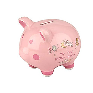 BRUBAKER My First Piggy Bank Gift Set for Baby Girl - 4 Pcs Keepsake Gift Set Includes Piggy Bank, First Curl, First Tooth and Photo Frame - Pink