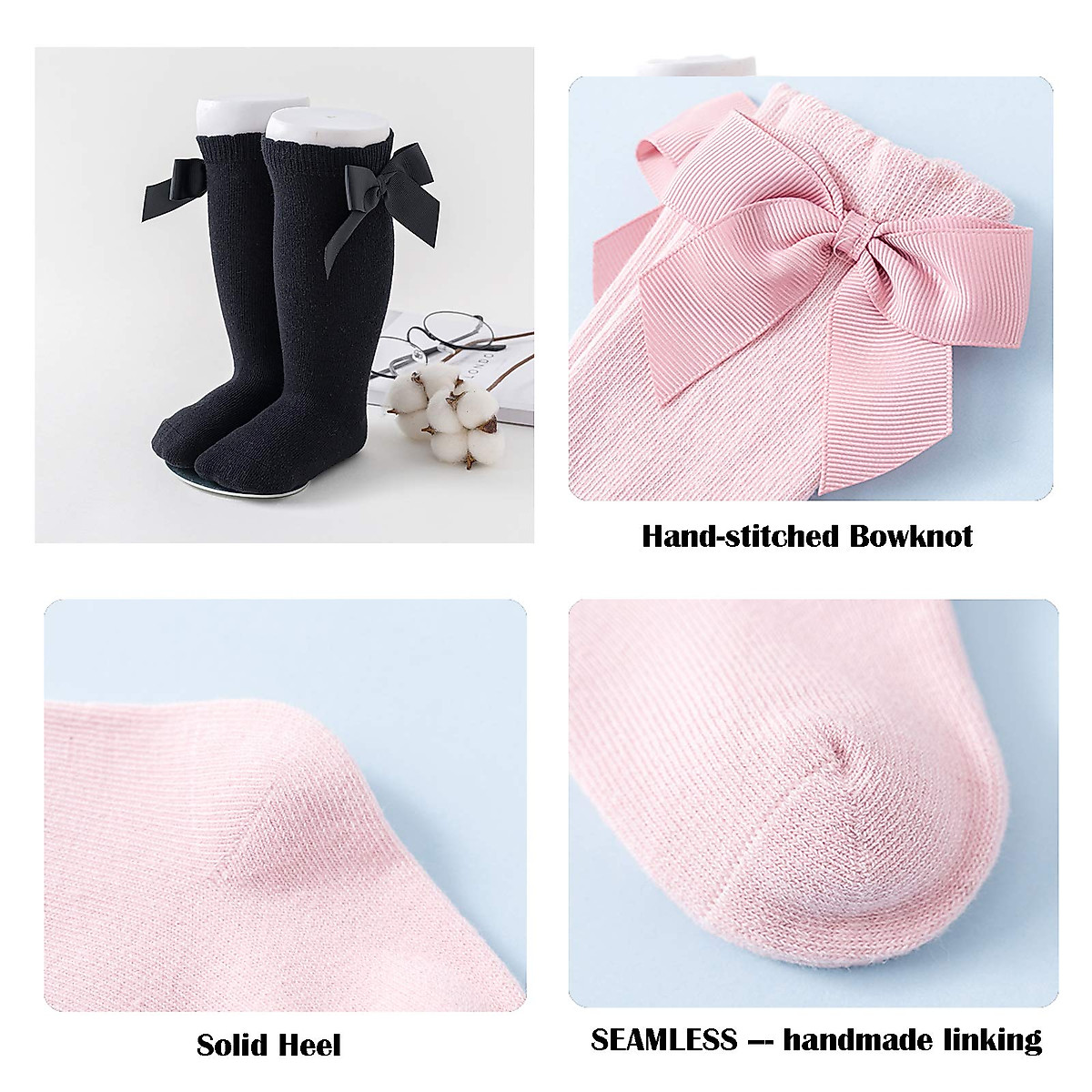 Yeshore Baby Girls Knee High Socks Bow Tube Ruffled Knit Cotton Long Stockings for Infants and Toddlers 5 Pairs (as1, age, 0_month, 12_months, White,Black,Grey,Wine Red,Pink)