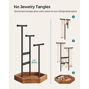 SONGMICS Jewelry Holder, Jewelry Organizer, 4 Independent Zones, Jewelry Display Stand with Metal Frame, Necklace Earring Bracelet Holder, for Rings, Black and Caramel Brown UJJS03CB