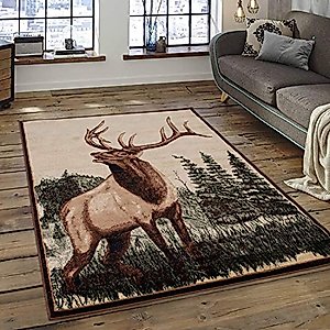 Wildlife Nature Rustic Lodge Cabin Decor Elk Deer Pine Trees Area Rug (7’ 8” X 10’ 8”)