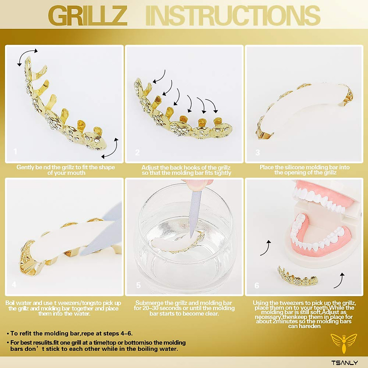 TSANLY Gold Grillz Iced Out CZ Diamond Top & Bottom Set Grill 24K Gold Plated Macro Pave Teeth Grills - EXTRA Molding Bars Included + Storage Case + Microfiber Cloth