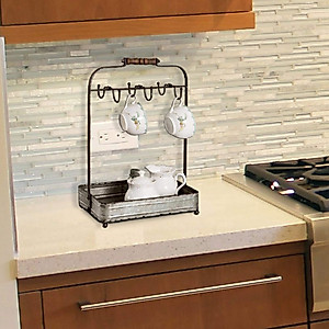 Benzara BM177866 Rustic Galvanized Metal Crockery Holder with Cup Hooks, Gray