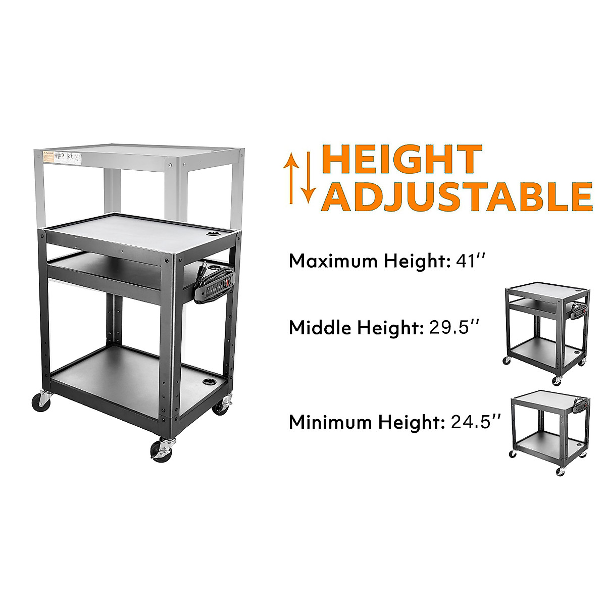 3 Shelf Metal Utility cart - Steel Construction Mobile Presentation Cart Projection Cart with Power Strip - Durable Utility Cart AV Carts on Wheels - Supports Up to 300 LBs (24'' x 18'' x 41'')