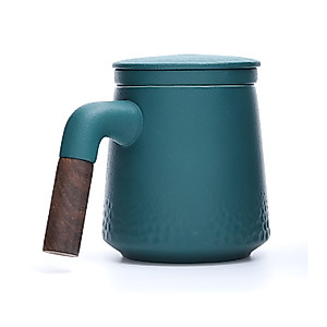 NCQIXIAO Tea Cup with Infuser and Lid, Raindrop Style Tea Mug Cups with Infuser, Wood Handle Ceramic Coffee Mug with Lid for Steeping Loose Leaf Tea 320ml/10.82OZ (Dark Green)