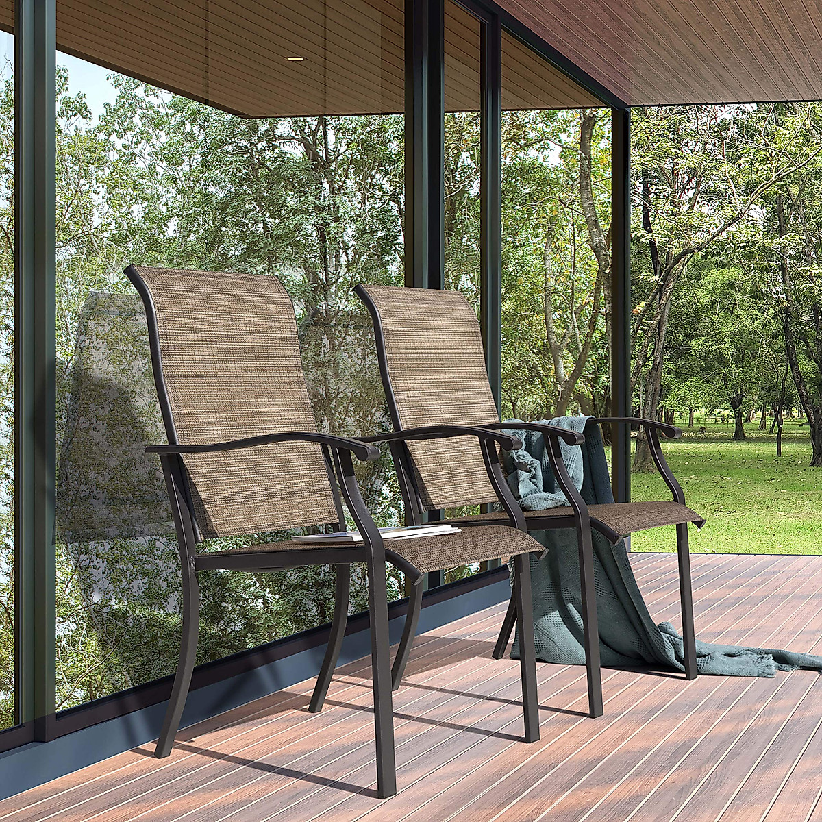 NUU GARDEN Patio Dining Chairs Set of 2, Outdoor Textilene Dining Chairs with High Back, Patio Chairs with Armrest, Metal Frame and Textilene Chairs, Brown