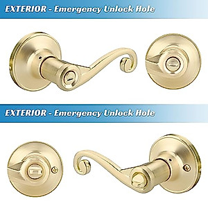 Bonpoly 5 Pack Gold Door Handles, Satin Brass Door Handle, Wave Handle Privacy Door Lever Bed/Bath Door Lockset, Right Handing