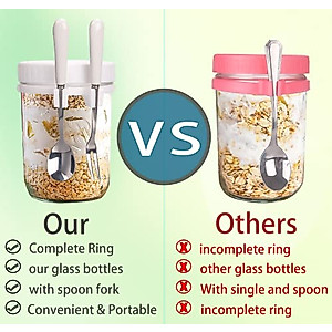 Overnight Oatmeal jars，4 piece set Overnight Oats Containers，with Lids and Pickle Fork ，spoon。16 oz Glass Mason Overnight Oats Jars ，Suitable for Cereal,oats, milk, cereal，fruit