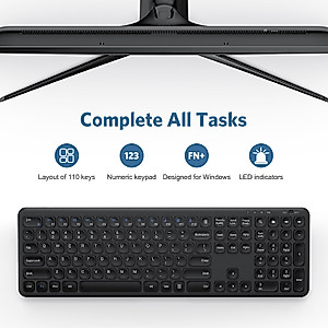 OMOTON Wireless Keyboard, 2.4G Silent Computer Keyboard, Ultra Slim Full Size Ergonomic Keyboard with Numeric Keypad and Media Hotkeys Compatible with Windows, PC, Computer, Notebook, Laptop, Black