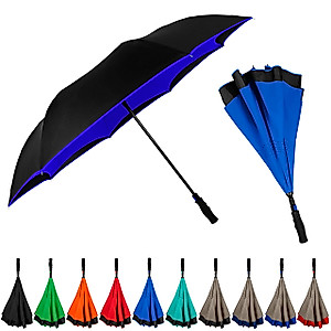 The Inversa Large 48" Reverse Self Standing Windproof Inverted Reversible, Double Layer Canopy Lightweight Travel Umbrella For Women and Men, Portable Umbrella Reverse Close - Royal Blue