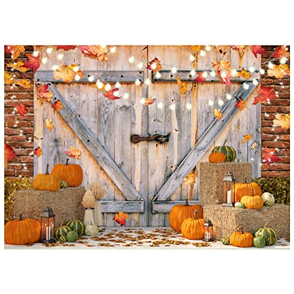 AIIKES 7X5FT Fall Thanksgiving Backdrop Autumn Pumpkin Harvest Barn Door Photography Backdrop Light Post Maple Leaves Haystack Thanksgiving Party Decorations Photo Studio Prop 12-457