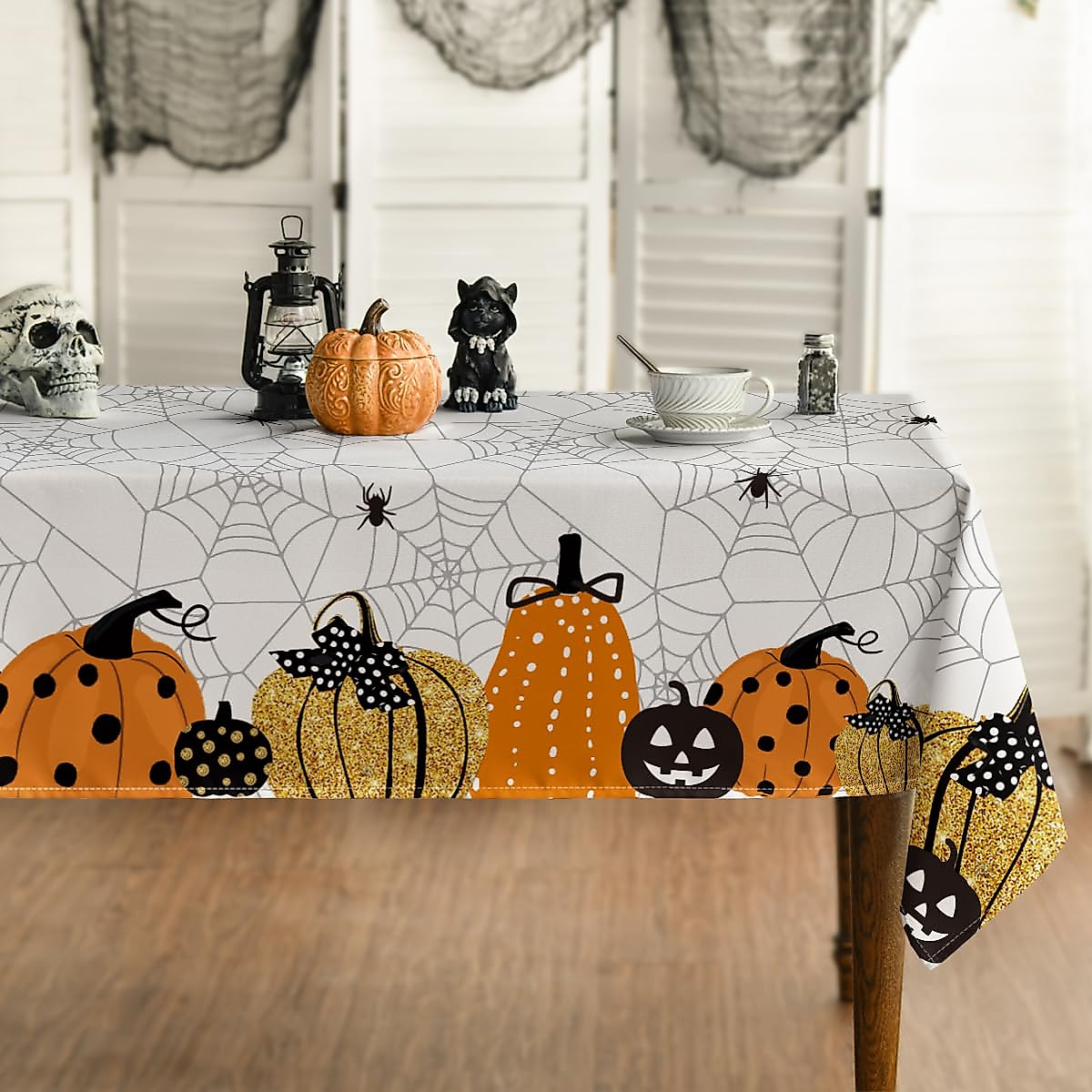 Horaldaily Halloween Tablecloth 60x84 Inch Rectangular, Jack-O-Lantern Pumpkin Cobweb Scary Themed Washable Table Cover for Party Picnic Dinner Decor