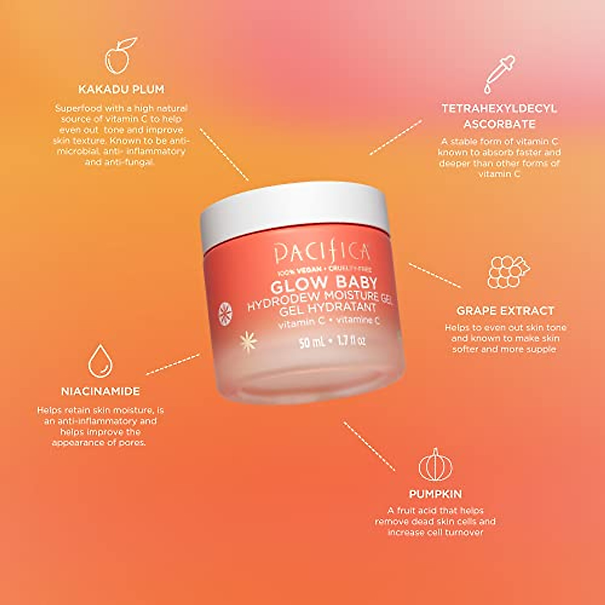 Pacifica Beauty, Glow Baby Hydrodew Gel Face Moisturizer, Dewy Glowing Skin, Vitamin C, Niacinamide, Fine Lines, Dryness, Dull Skin, Non-Sticky Formula, Hydrating, Vegan & Cruelty Free