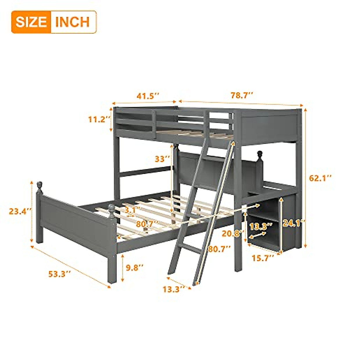 L-Shaped Twin Over Full Bunk Beds, Solid Wood Loft Beds with Cabinet and Ladder, Converted Bunk Bed Frame with Full-Length Guardrail