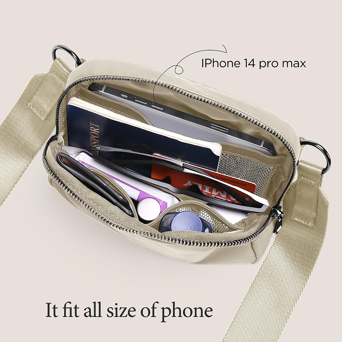 ODODOS Crossbody Bag with Adjustable Strap Small Shoulder Pouch for Workout Running Traveling Hiking, Ivory