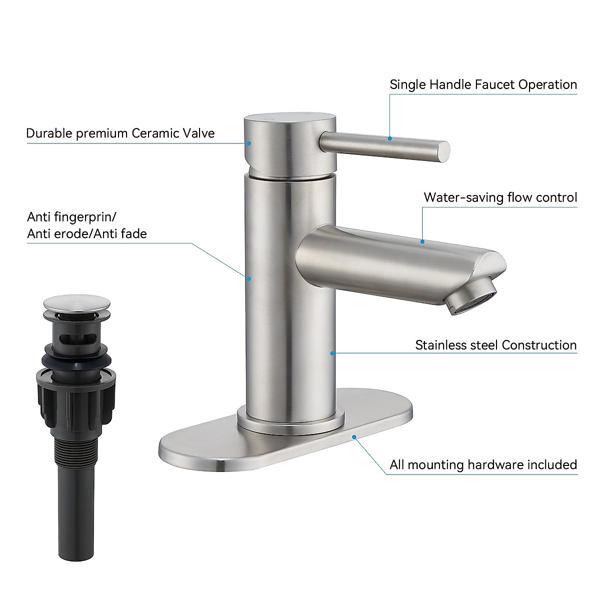 KPWATER Bathroom Faucets with Pop Up Drain, Stainless Steel Single Handle Bathroom Sink Faucets with Water Faucet Supply Lines for Bathroom Farmhouse RV Vanity(Brushed Nickel)