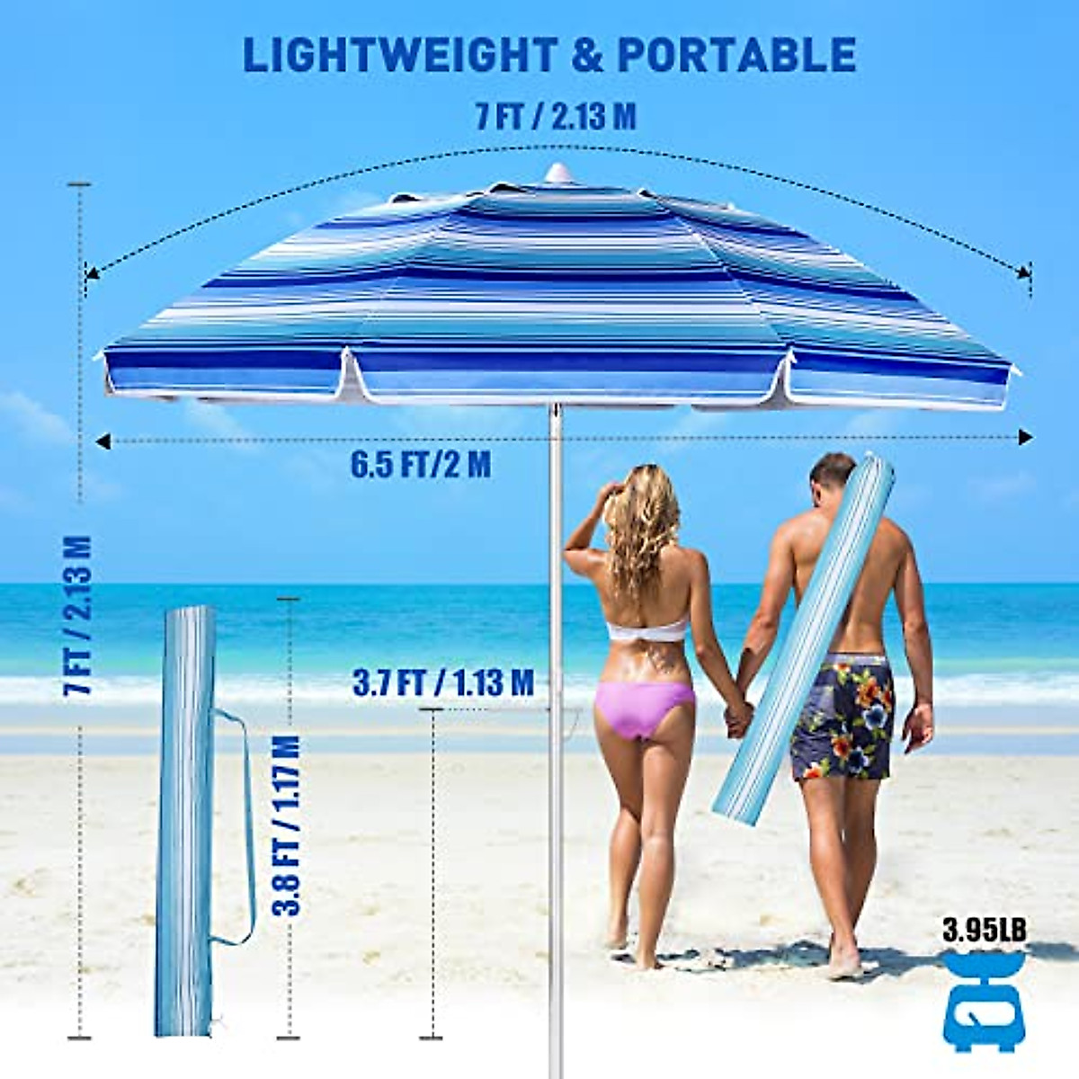 Beach Umbrella for Sand Wind Portable: 7FT Arc Length 6.5FT Diameter Heavy Duty Wind Resistant Striped Large Umbrellas UV 50+ Parasol with Anchor Screw Adjustable Height Tilting Pole 8 Ribs Carry Bag Lightweight