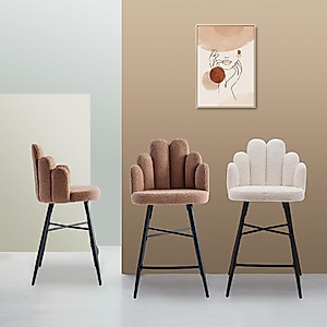 RHYNZEE 26 inch Bar Stools Set of 2, Boucle Fabric Modern Counter Height Bar Stools with Back and Black Metal Legs, Sherpa Upholstered Kitchen Island Chair for Home Kitchen Bistro Coffee Shop (Brown)