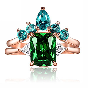 JIANGYUE Emerald Green Ring Rose Gold Plated Emerald Green Cubic Zirconia Engagement Rings for Women Mother Jewelry Size 6