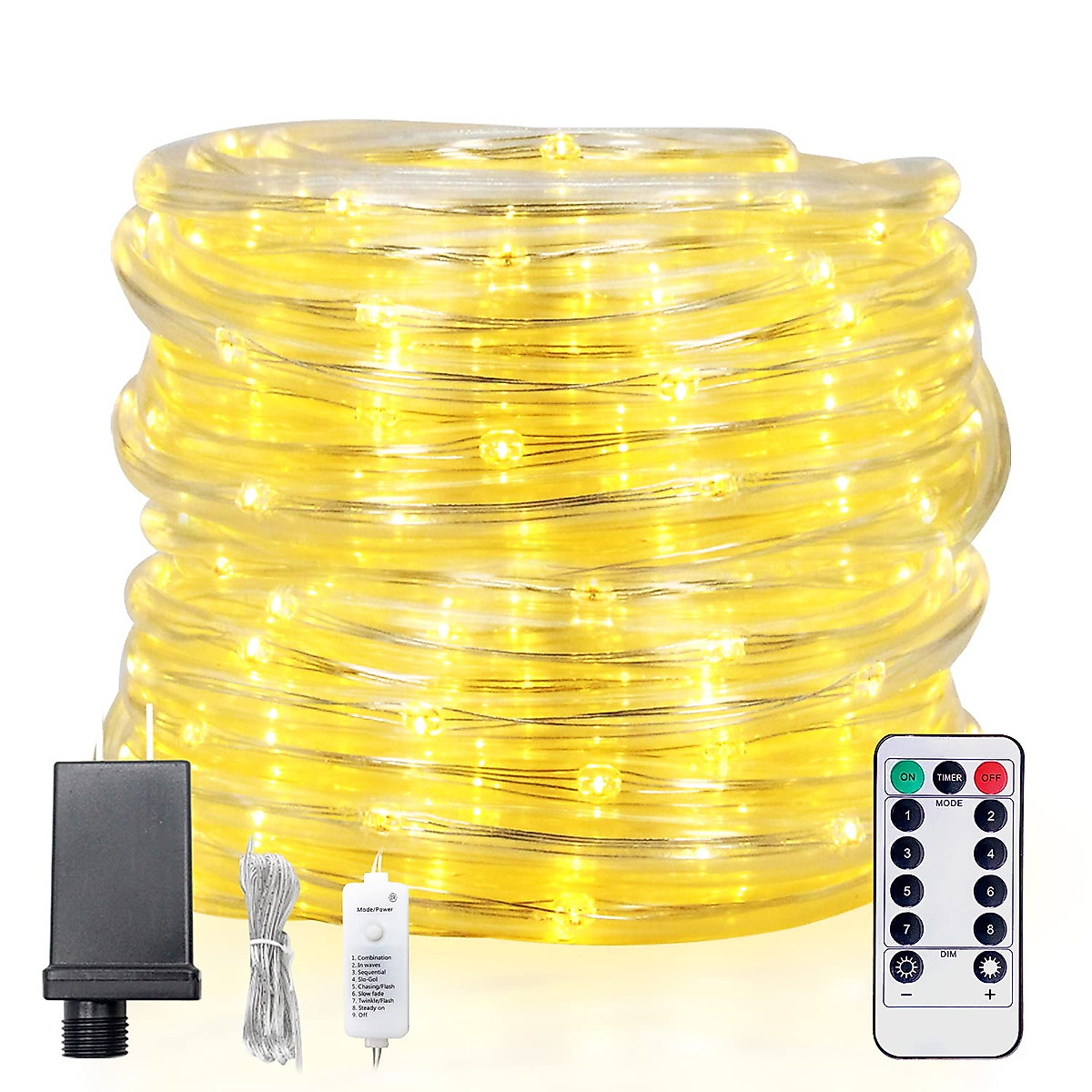 LED Rope Lights Outdoor, 98.4Ft/300 LEDs Dimmble String Lights Rope Lights with Remote and Timer, IP65 Waterproof Fairy String Lights Battery Powered for Home Garden Christmas Tree Patio (Warm White)