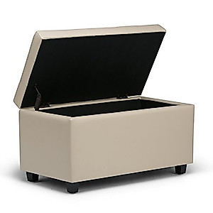 SIMPLIHOME Cosmopolitan 34 Inch Wide Transitional Rectangle Storage Ottoman in Satin Cream Vegan Faux Leather, For the Living Room, Entryway and Family Room