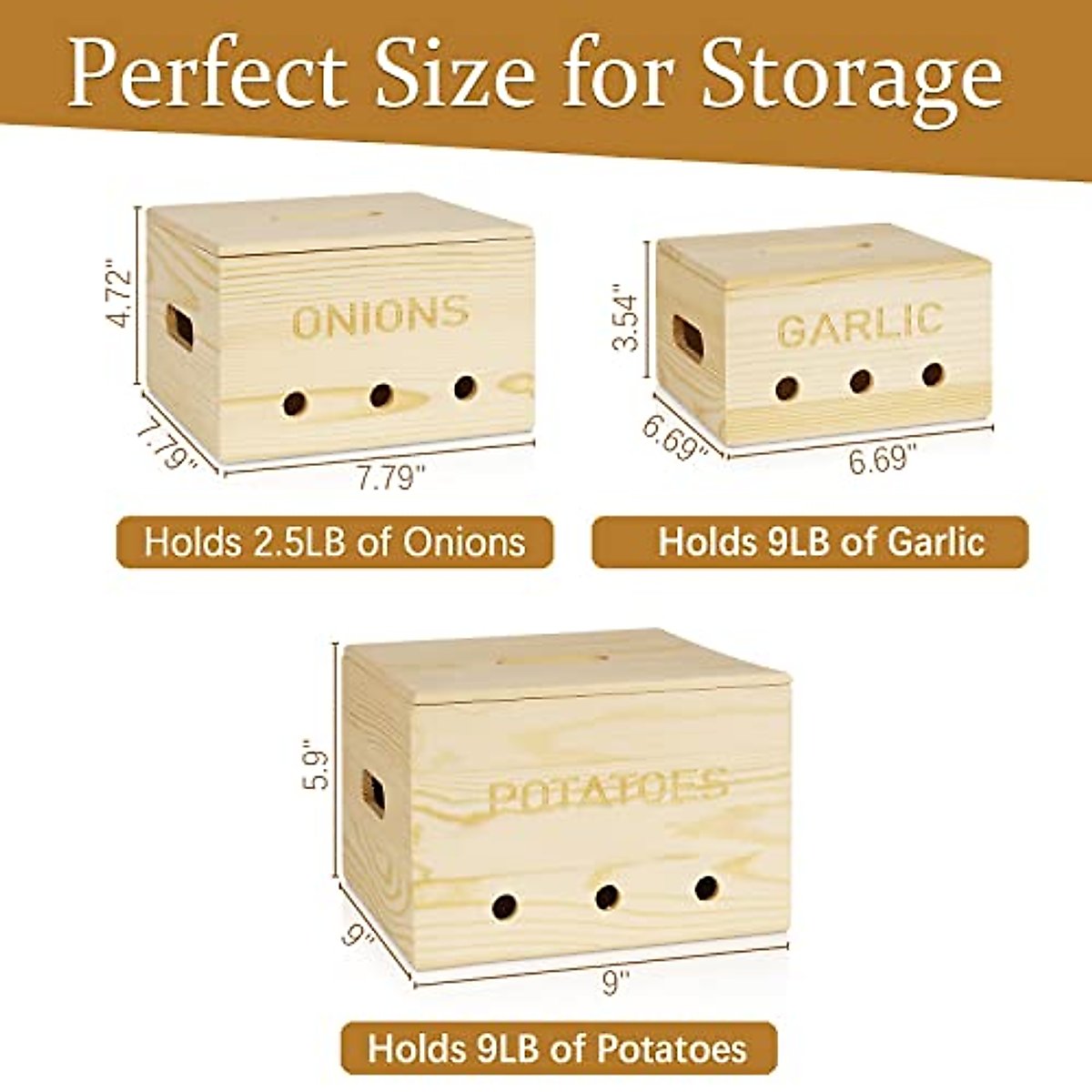 Edudif Potato and Onion Storage Bin Wooden Potato Storage Set of 3 Stackable Onion Storage with Aerating Storage Holes for Potato Onion Garlic Container