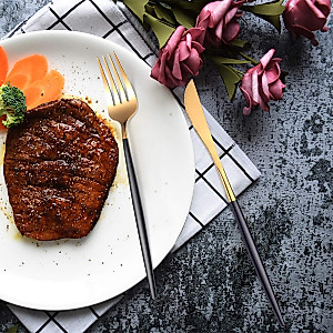 24-Piece Gold Silverware Set with Black Handle, Stainless Steel Flatware Set, Tableware Cutlery Sets for 6 Including Forks Spoons Knives, Kitchen Utensil Set for Home and Restaurant(Black Gold)