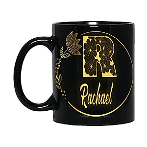 Coffee Mug Personalized Rachael Name & Initial Letter Monogram Floral Alphabet Mug Golden Flowers Custom Black Coffee Cup, Gift for Her Mom Coworker Sister, Wife, Girl 11oz Black Mug 534829