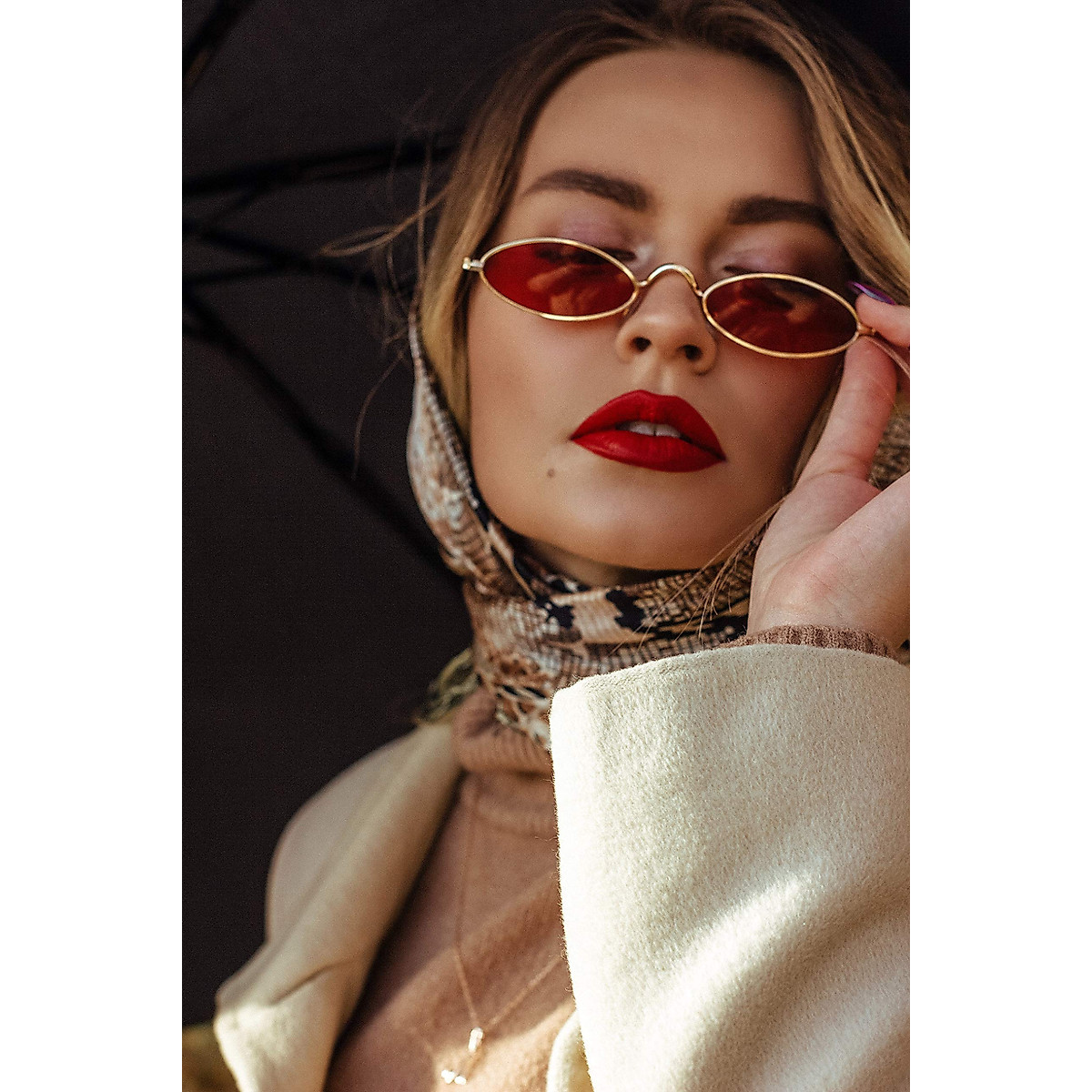 COASION Vintage Small Oval Aesthetic Sunglasses Retro for Women Men Hippie Cool Metal Frame Sun Glasses (Gold Frame/Red Lens)