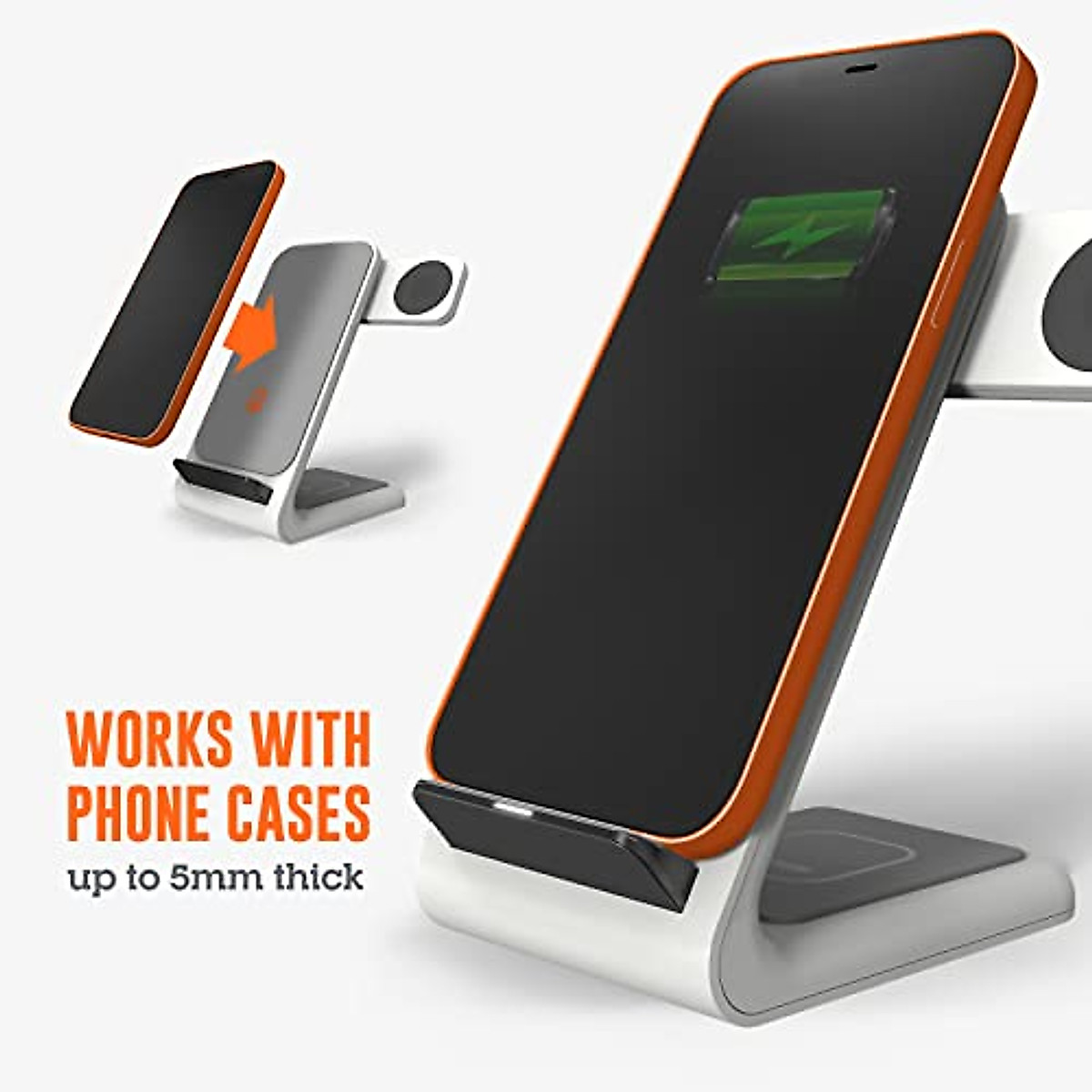 STM ChargeTree Swing - 3-in-1 Wireless Charging Station for iPhone/Samsung/Android (15W/7.5W), AirPods (5W), Apple Watch (3W) - Qi Certified Charging Stand - White (stm-931-323Z-01)