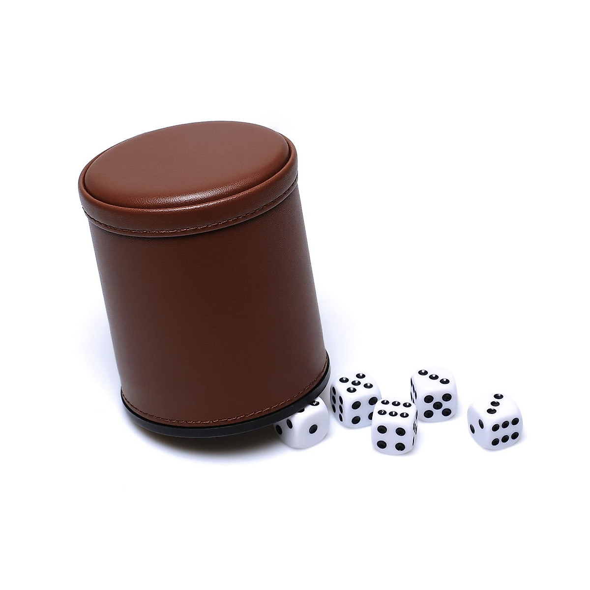 5 Pack PU Leather Dice Cups Felt Lining Quiet Shaker with 30 Dot Dice for Bar Party Yahtzee Farkle Dice Games