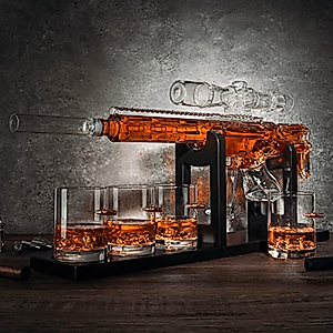 AR15 Whiskey Decanter Set - Limited Edition with Silencer Stopper - 640ml & 4 310 mL Bullet Glasses - Unique Gift - Drinking Party Accessory, Handmade Sniper Gun Liquor Decanter, Tik Tok Gun Decanter
