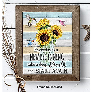 Inspirational Wall Art & Decor - New Beginnings Hummingbirds Sunflowers Rustic Boho Family Wall Art - Inspiration Saying Quotation - Positive Quotes Wall Decor - Encouragement Gifts for Women Woman