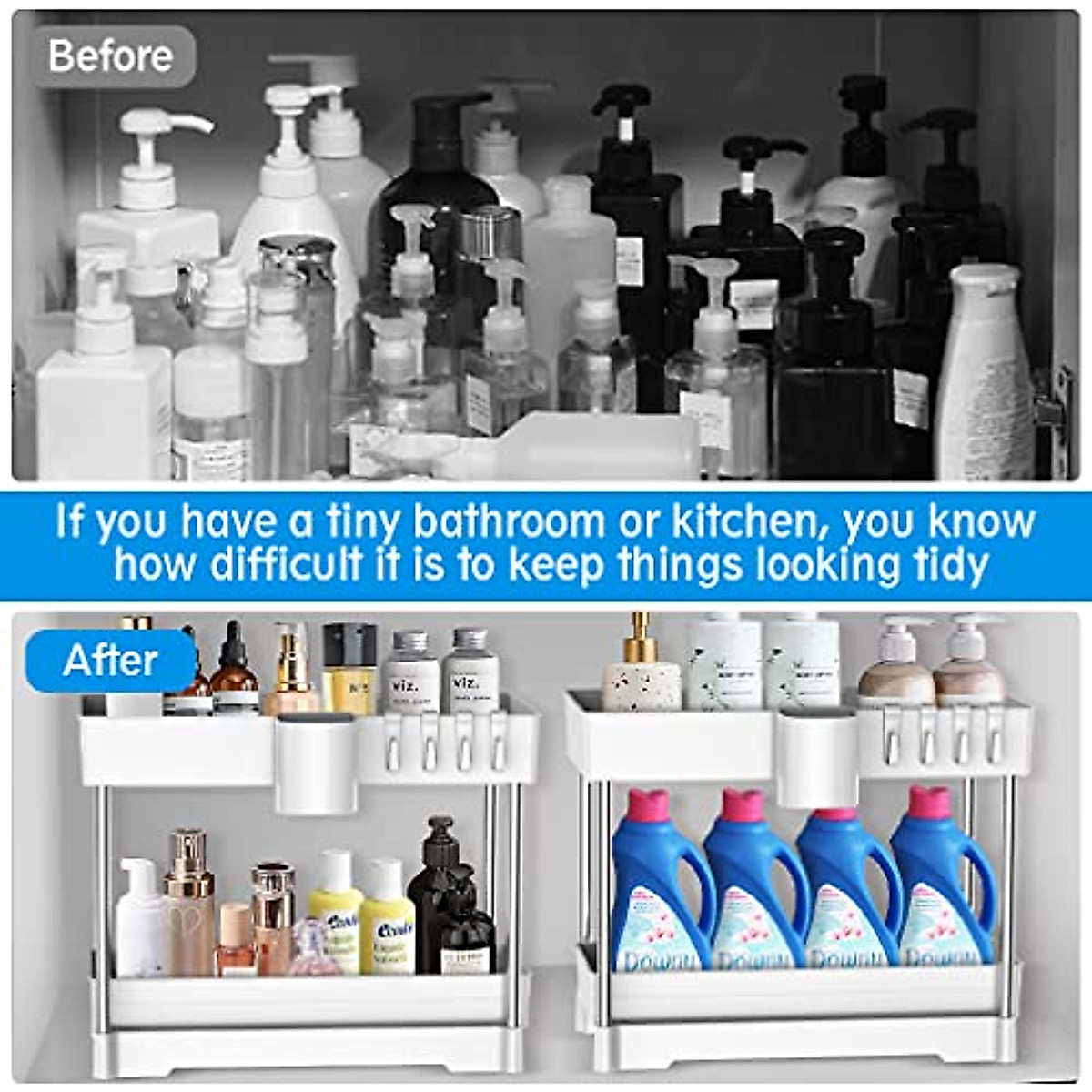 2 Pack Under Sink Organizers and Storage Pull Out Drawers,2 Tier Sliding Under Cabinet Organizer, Bathroom Organizer Under Kitchen Sink Storage, Under Sink Shelf Baskets with 4 Cups 8 Hooks.White…