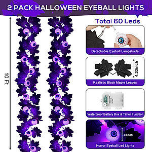 Ouddy Decor 2 Pack Lighted Halloween Garland, Total 20 FT 60 LED Black Maple Leaves Garland with Eyeballs Lights Waterproof Timer Battery Operated for Indoor Outdoor Home Halloween Decorations, Purple