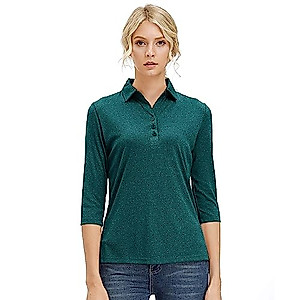 Corna Cool Dry &Breathable Solid Colored Elbow Length Long Sleeve Polo Dry Fit Shirts for Women (Dark Green-M)