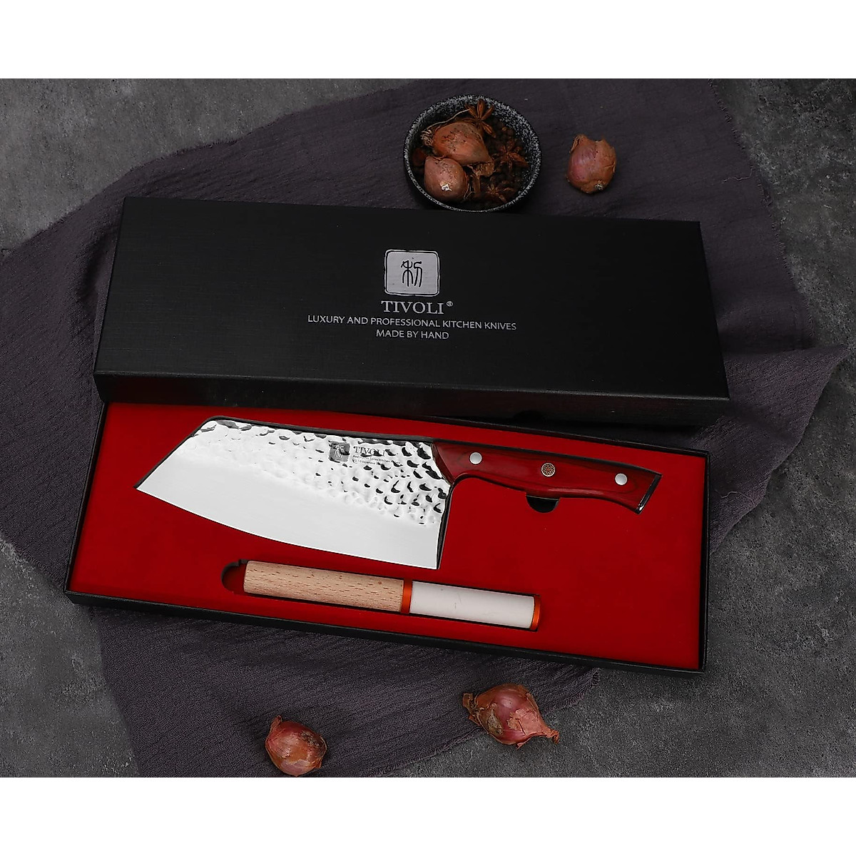 TIVOLI Cleaver Knife 7-inch Japanese Hand Forged VG10 High Carbon Steel Sharp Chef Knife Wooden Handle with Sharpener & Gift Box Kitchen Butcher Knife for Meat Cutting