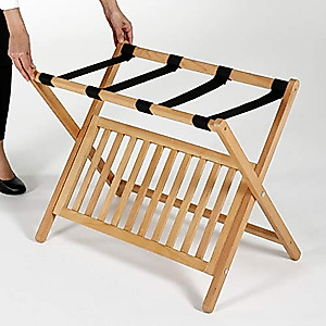 M&T Displays Beech Wood Folding Luggage Rack Travel Suitcase with Woolen Strips and Shelf for Home Hotel Gym Spa Guest Room 200 lbs Carriage Capacity Natural Wood 18x30 Inches