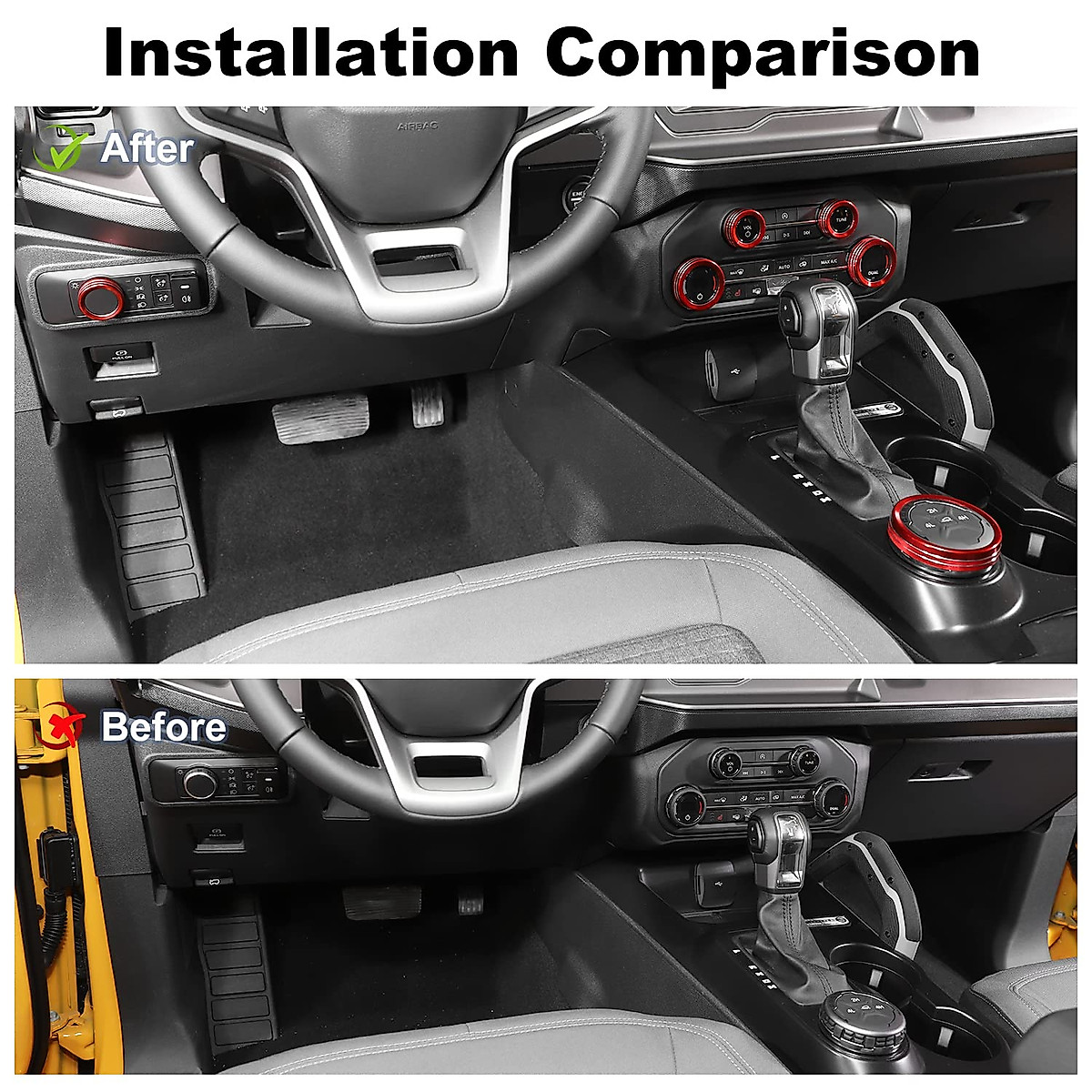 JWWY Air Conditioner Headlight Switch Knob 4WD Wheel Drive Trailer Gear Switch Knob Cover for 2021-2024+ Ford Bronco Accessories Aluminum Alloy 6PCS Red（Don't fit Bronco Sport）