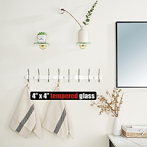 JQK Small Floating Glass Shelves Gold, 4 Inch Display Ledges for Wall, Mini Decor, Living Room Bedroom Bathroom, Tempered Glass Shower Storage, 2 Pack, TGS101L4-BG-P2