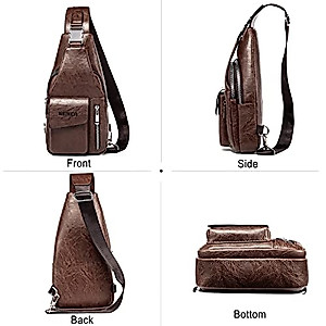 FANDARE Retro Sling Chest Bag Lightweight Shoulder Crossbody Backpack Men Business Casual Daypacks for Outdoor Travel Work Hiking Running Indoor Activities Waterproof PU Leather Dark Brown