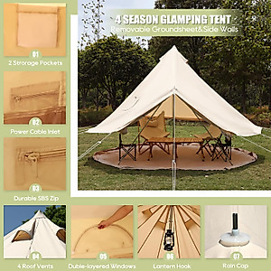 ONLYCTR Bell Tent for Camping, Luxury Cotton Tent, Yurt Canvas Tent with Stove Jack, Outdoor Canvas Bell Tent for 4/6/8 Person Family 4 Season Camping (16.5' (5M), Beige)