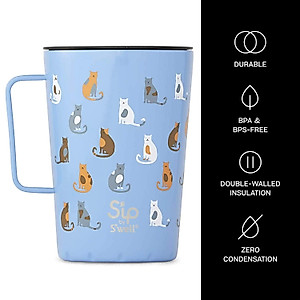 S'ip by S'well Stainless Steel Takeaway Mug - 15 Fl Oz - Purrfect Morning - Double-Layered Vacuum-Insulated Travel Mug Keeps Coffee,and Drinks Cold for 10 Hours and Hot for 2 - BPA-Free Water Bottle