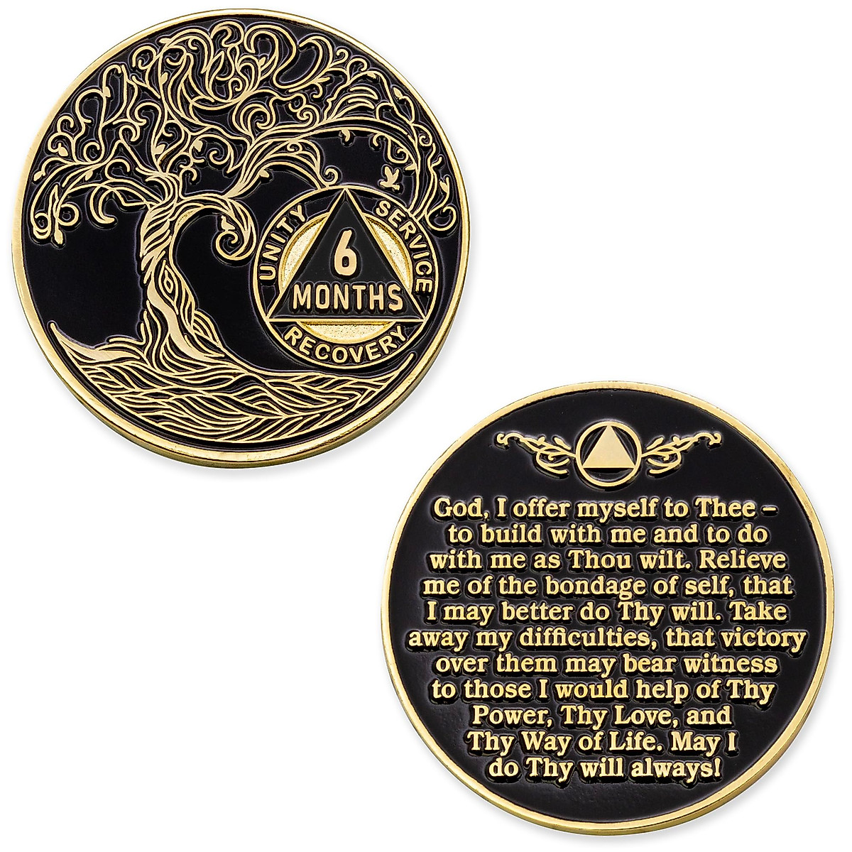 6 Months Sobriety Mint Twisted Tree of Life Gold Plated AA Recovery Medallion/Chip/Token - Black