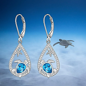 Sea Turtle Earrings for Women Sapphire Jewelry Animal Lover Gifts S925 Sterling Silver Ocean Zirconia Starfish Hoops Blue Dangle Earrings for Friends Sister Mom