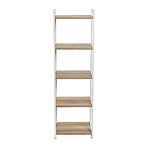 Household Essentials Jamestown Narrow 5 Shelf Open Storage Bookshelf Coastal Oak Rustic Wood Grain and White Metal