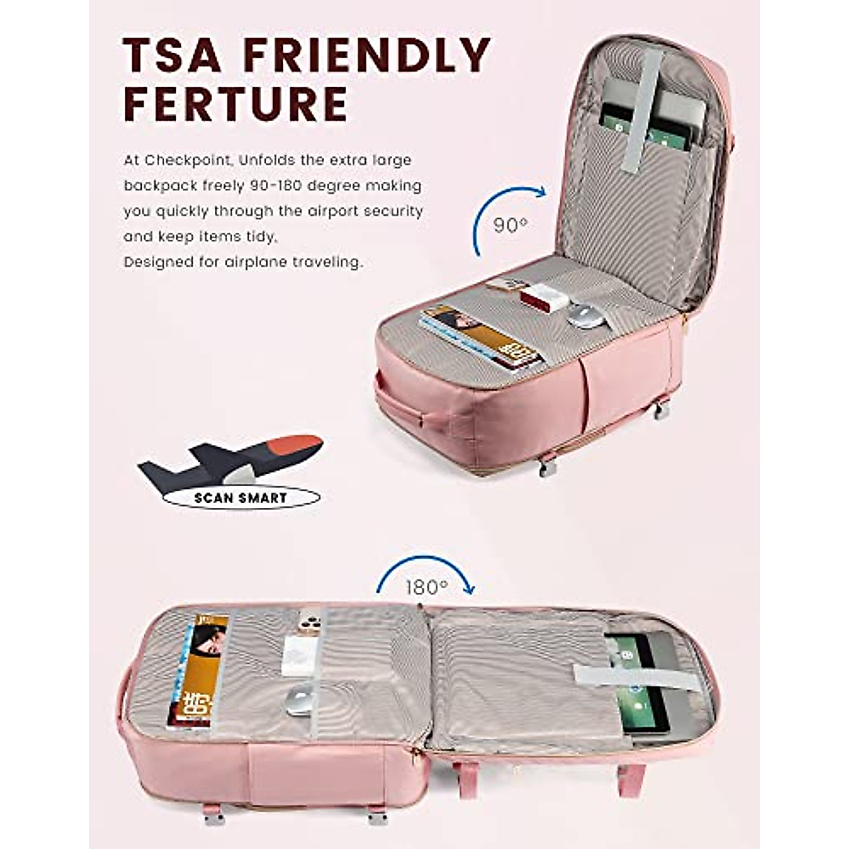 LOVEVOOK Travel Backpack Women, Carry On Backpack as Personal Item Flight Approved, TSA 17.3inch Laptop Backpack with 3 Packing Cubes College Casual Daypack for Weekender Overnight Hiking, Pink