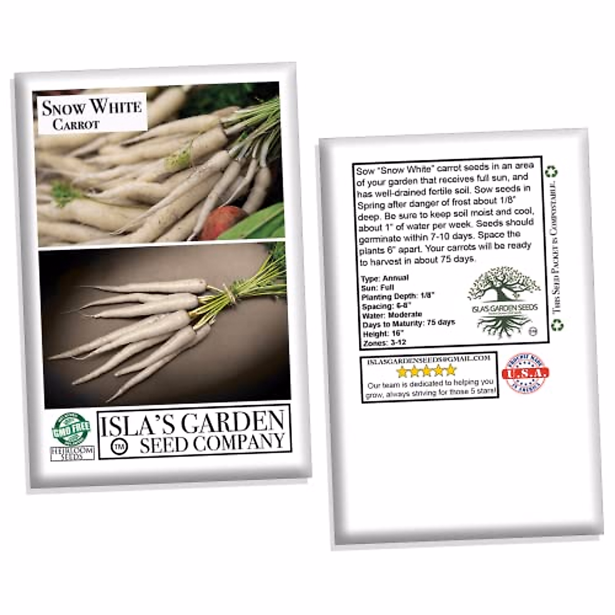 Snow White Carrot Seeds for Planting, 350+ Heirloom Seeds Per Packet, (Isla's Garden Seeds), Non GMO Seeds, Botanical Name: Daucus carota subsp. sativus, Great Home Garden Gift